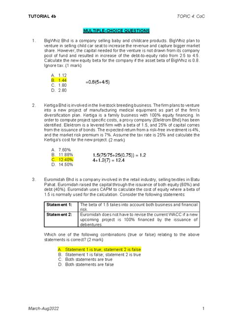 Maf603 Tuto 4b Tutorial Questions Multiple Choice Questions Bigwhiz