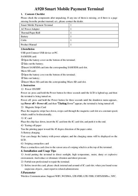 Pax Technology A920 Smart Mobile Payment Terminal Instructions