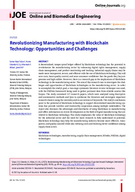 Pdf Revolutionizing Manufacturing With Blockchain Technology Opportunities And Challenges