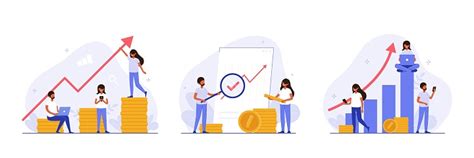 애널리스트는 수익 성장 그래프를 봅니다 마케팅 데이터 분석 세트 사업 이익 보고서 자본이나 돈의 성공적인 투자 배너 포스터에 대 한 현대 평면 다채로운 벡터 그림입니다