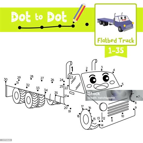 도트 교육 게임 및 번호 135 및 필기 연습 워크 시트에 대한 어린이 활동을위한 플랫 베드 트럭 만화 교통의 색칠 공부 벡터