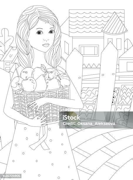 폴카 도트 드레스에 물결 모양의 머리카락을 가진 예쁜 소녀는 울타리가있는 시골 풍경에 과일이 담긴 바구니를 들고 있습니다 색칠 공부 책을위한 여성 초상화 검은색에 대한 스톡