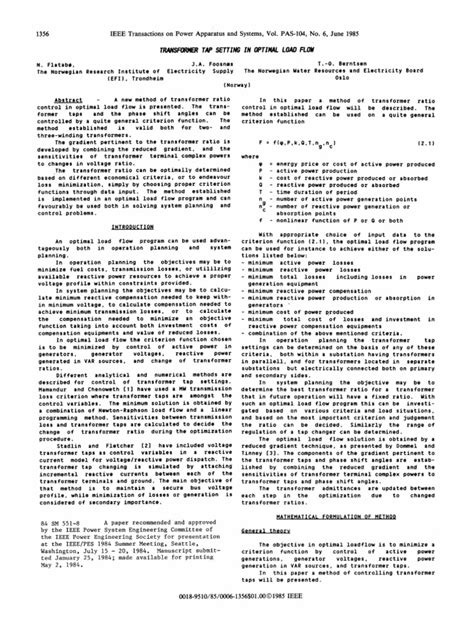 Transformer Tap Setting In Optimal Load Flow Download Free Pdf Mathematical Optimization