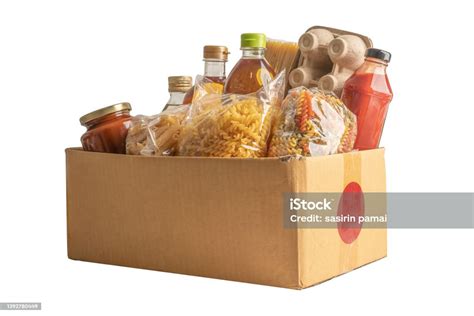 기부 보관 및 배달을위한 식품 골판지 상자에 다양한 음식 파스타 식도유 및 통조림 식품 음식에 대한 스톡 사진 및 기타 이미지 Istock