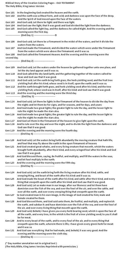 Bible Creation Story Text King James Version Bible Printables