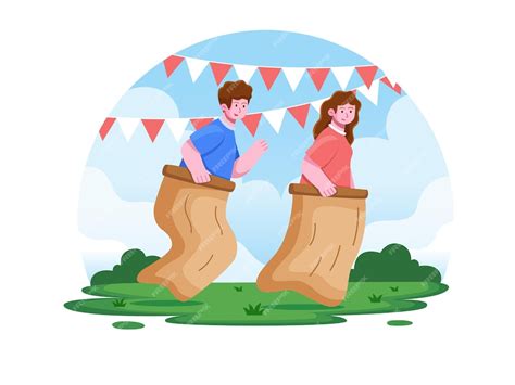 자루 경주 대회 또는 Lomba Balap Karung 만화 그림 프리미엄 벡터