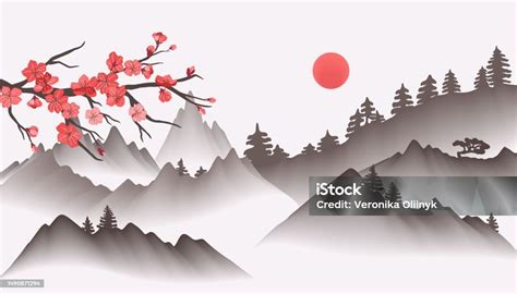 2303m01i027n001sc15중국 풍경화 안개가 자욱한 산과 벚꽃 나뭇가지 벡터 그림이 있는 동양 아시아 배경 0명에 대한