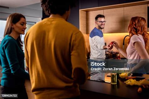 집에서 저녁 식사 파티를 하고 와인을 마시고 채식 음식을 먹는 친구들 30 39세에 대한 스톡 사진 및 기타 이미지 30 39세 4 명 가정 생활 Istock