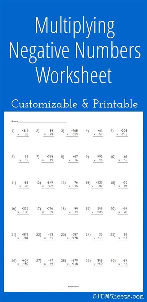 Multiplying Negative Numbers Worksheet Negative Numbers Worksheet