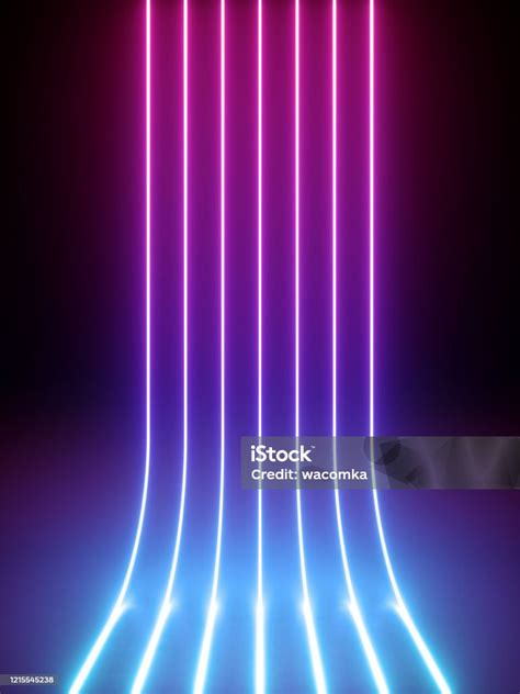 3d 렌더링 추상적 인 수직 네온 라인은 어둠 속에서 빛나는 레이저광선 바닥 반사와 무대에서 가상 성능 최소한의 기하학적 디자인 배경 주제에 대한 스톡 사진 및 기타 이미지