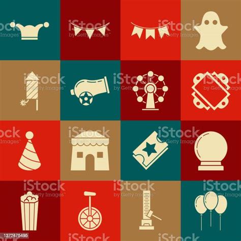리본 매직 볼 티켓 카니발 화환 플래그 캐논 불꽃 놀이 로켓 제스터 모자 종과 관람차 아이콘풍선을 설정합니다 벡터 1에 대한 스톡 벡터 아트 및 기타 이미지 Istock