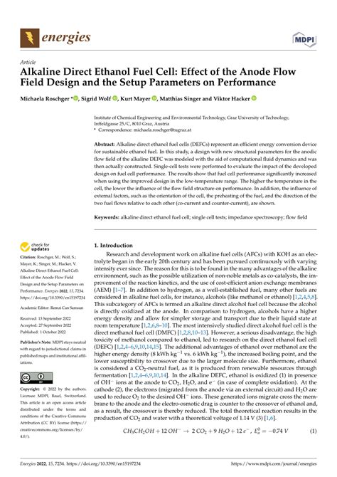 Pdf Alkaline Direct Ethanol Fuel Cell Effect Of The Anode Flow Field Design And The Setup