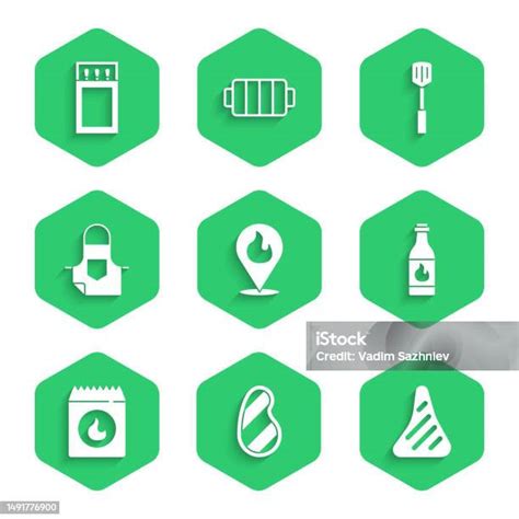 화염 스테이크 고기 타바스코 소스 바베큐 석탄 가방 주방 앞치마 주걱 성냥갑 및 성냥갑 아이콘으로 위치를 설정합니다 벡터 가방에 대한 스톡 벡터 아트 및 기타 이미지