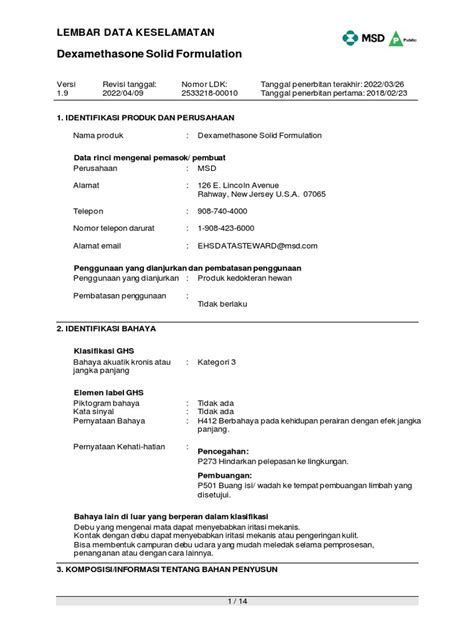 Product Safety Data Sheets Ah Sds Dexamethasone Solid Formulation Ah Id Id Pdf