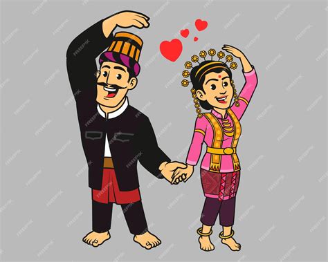 전통 의상을 입은 인도네시아 원주민 아체 부족 남녀 프리미엄 벡터