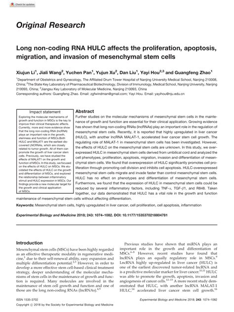 Pdf Long Non Coding Rna Hulc Affects The Proliferation Apoptosis