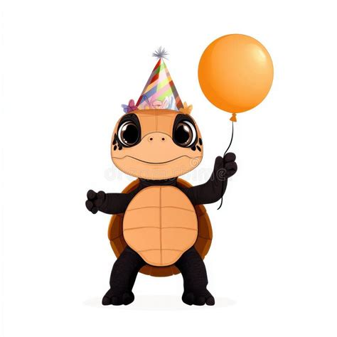 Cheerful Cartoon Turtle Wearing Party Hat And Holding Balloon Stock