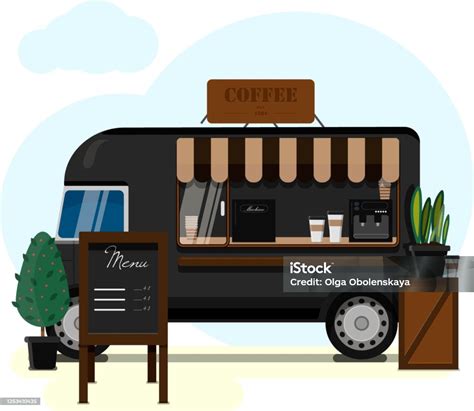 커피를 판매하는 거리 밴 캐노피 빌보드 커피 머신이 있는 모바일 카페테리아의 플랫 벡터 일러스트레이션 커피를 마실 수 있는 세련된 나무 카운터 커피 마실 것에 대한 스톡