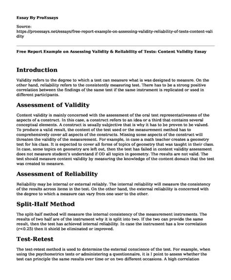 📌 Free Report Example On Assessing Validity And Reliability Of Tests Content Validity Free