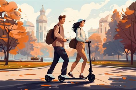 Premium Ai Image People A Couple Using Electric Scooters In The City Generative Ai