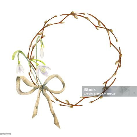 봄 꽃 수선화 크로커스 헌병 가지가 있는 수채화 손으로 그린 원형 화환 흰색 배경에 격리 초대장 결혼식 인사말 카드 벽지 인쇄 섬유를 위한 디자인 0명에 대한 스톡 벡터