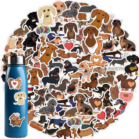 60 Stuks Schattige Teckel Hondenstickers Voor Waterflessen Pvc Waterdichte Worst Bol