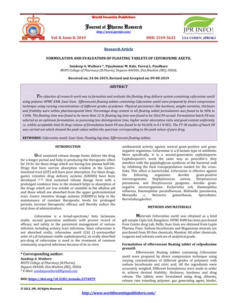 Pdf Research Article Formulation And Evaluation Of Floating Tablets Of Cefuroxime Axetil