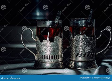 Two Glasses Of Tea In Retro Teacups On A Train Travel Concept Stock