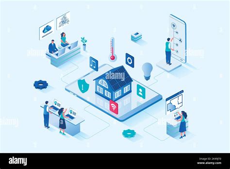 Smart Home 3d Isometric Web Design People Monitor And Control Sensors In House From Mobile