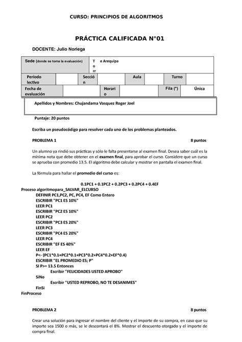 Practica Principios DE Algoritmos CURSO PRINCIPIOS DE ALGORITMOS PRÁCTICA CALIFICADA