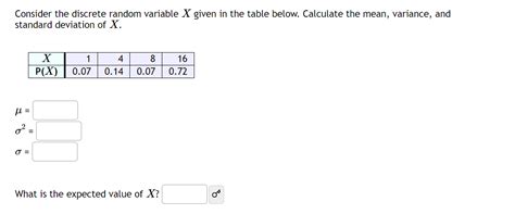 Solved Consider The Discrete Random Variable X Given In The Table Below Calculate The Mean