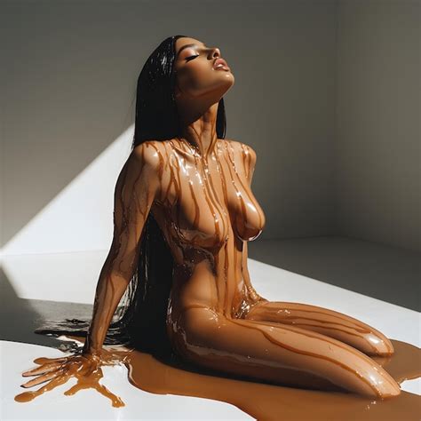 A Naked Woman Is Covered In Chocolate And Has A Brown Body And A White Wall Behind Her Premium