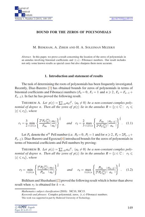 Pdf Bound For The Zeros Of Polynomials