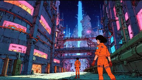 Anime Characters Exploring Futuristic Underground City With Neon Lights