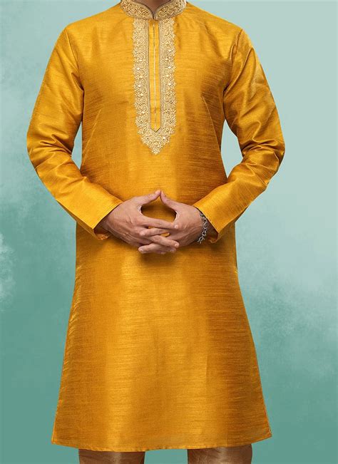 Buy Golden Art Silk Machine Work Kurta Pyjama Party Wear Online At Best