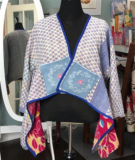 Reversible Kantha Quilted Shrug Plus Size Embroidered Pockets Etsy