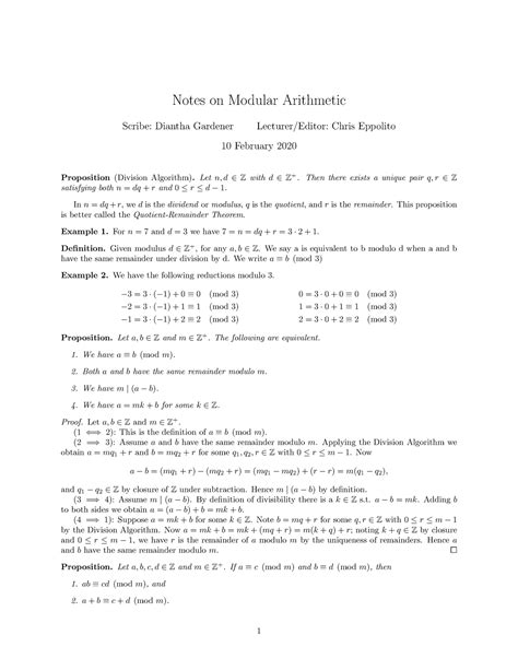 Notes Modular Arithmetic Math314 01 S20 Notes On Modular Arithmetic Scribe Diantha Gardener