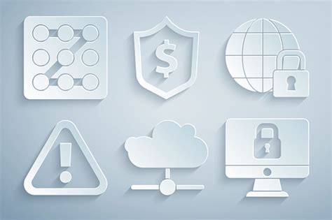 네트워크 클라우드 연결 전역 잠금 삼각형 안의 느낌표 컴퓨터 모니터 잠금 달러로 방패 및 그래픽 암호 보호 아이콘을 설정합니다 벡터 3차원 형태에 대한 스톡 벡터 아트 및