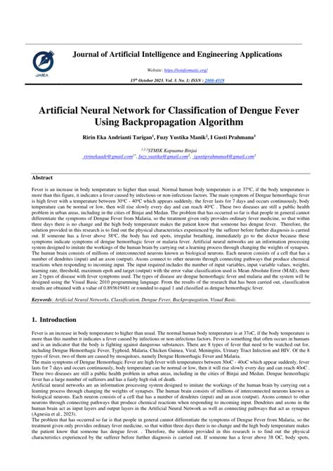 Pdf Artificial Neural Network For Classification Of Dengue Fever Using Backpropagation Algorithm