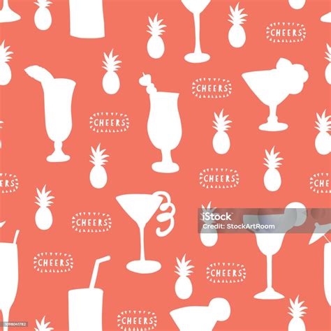 칵테일 유리 원활한 벡터 패턴입니다 화이트 알코올 음료수 잔 산호 배경에 글자 건배와 파인애플 배경 레스토랑 메뉴 메뉴 장식