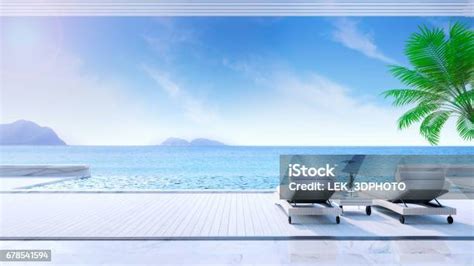 차분한 여름 일광욕 갑판 및 근처 해변 파노라마 바다 전망 럭셔리 빌라에서 개인 수영장 썬 안락 3d 렌더링 배경 주제에 대한