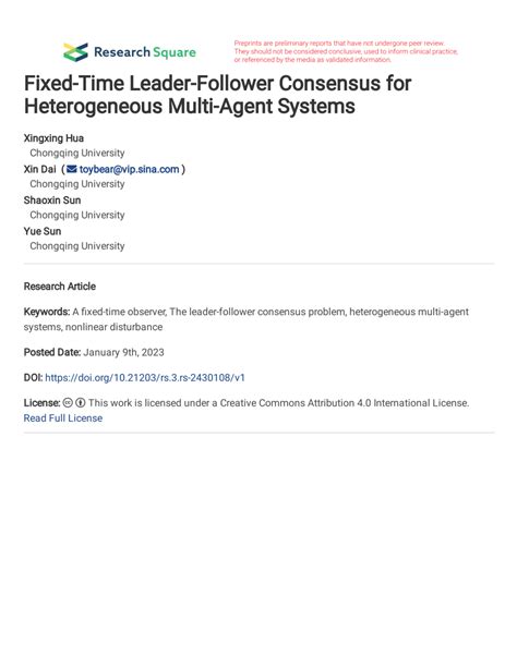Pdf Fixed Time Leader Follower Consensus For Heterogeneous Multi Agent Systems