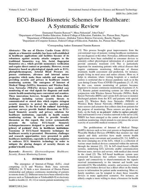 Ecg Based Biometric Schemes For Healthcare A Systematic Review Pdf Internet Of Things