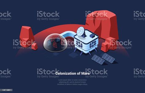 만화 3d 스타일의 개념 벡터 일러스트레이션 어두운 배경에 화성 아이디어의 식민지에 등색 구성 행성 표면에 미래 공간 개체 현대 원예 및 에너지 항목 3차원 형태에 대한