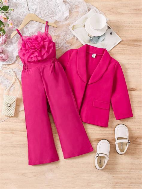 2ชิ้น ชุดเสื้อกั๊ก สายเดี่ยวและกางเกงสีพื้น ตกแต่งลวดลาย 3 มิติ พร้อมแจ็คเก็ตแขนยาวสำหรับ