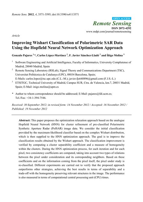 Pdf Improving Wishart Classification Of Polarimetric Sar Data Using The Hopfield Neural