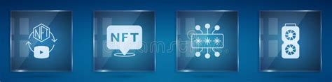 Set Nft Digital Crypto Art Cyber Security And Video Graphic Card Square Glass Panels Vector