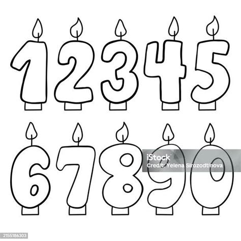 기념일 로고 스타일로 불타는 불꽃과 생일 촛불 번호 세트입니다 케이크 인사말 카드 배너 초대장 스티커 장식 손으로 그린 벡터