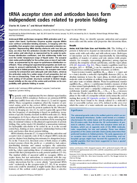 Pdf Trna Acceptor Stem And Anticodon Bases Form Independent Codes Related To Protein Folding