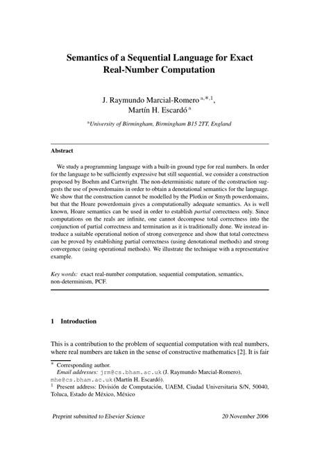 Pdf Semantics Of A Sequential Language For Exact Real Number Computation